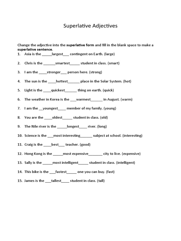 Superlative Adjective Exercise Worksheet Fill in The Blank | PDF