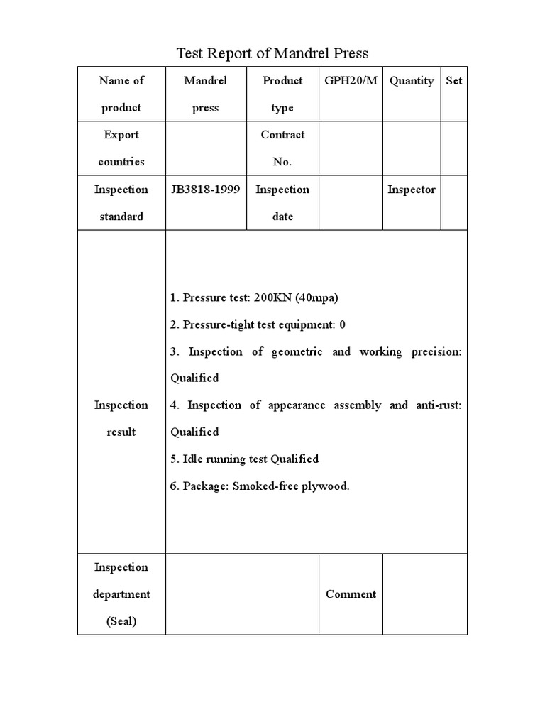 GPH20-M - Test Report of Mandrel Press | PDF