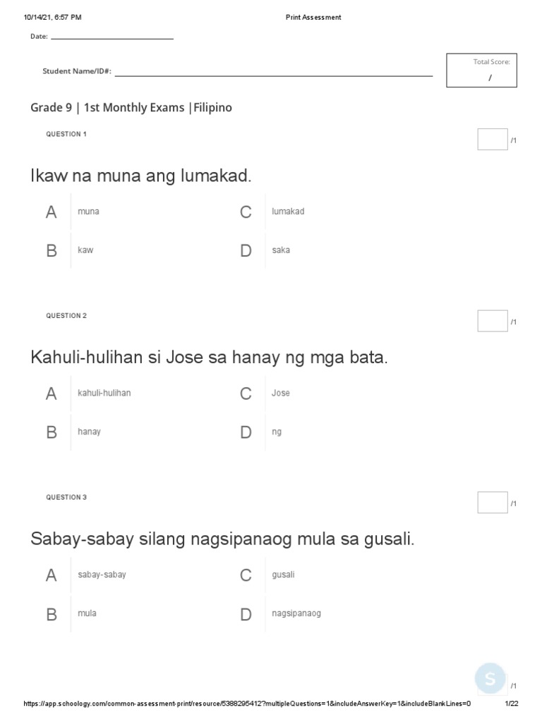 Grade 9&10 - 1st Monthly Exams - Filipino | PDF