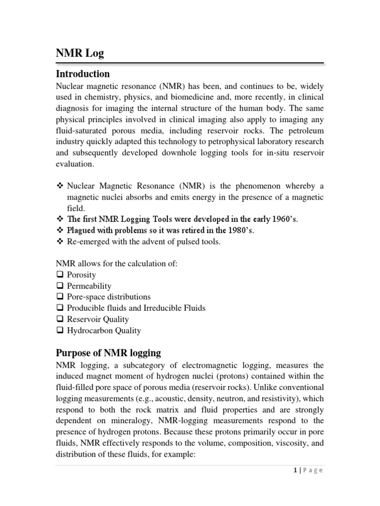 Purpose of NMR Logging | PDF | Nuclear Magnetic Resonance | Porosity