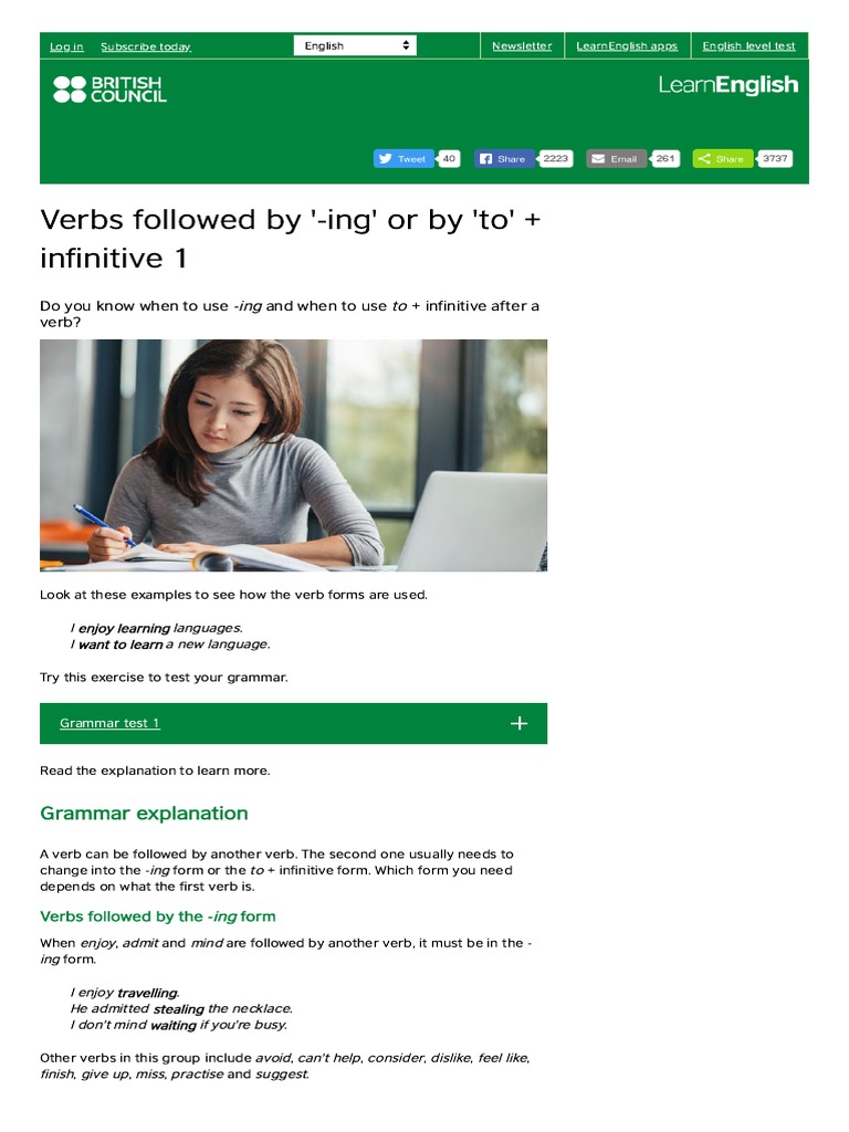 Verbs Followed by '-Ing' or by 'To' + Infinitive 1 - Grammar - Beginner ...
