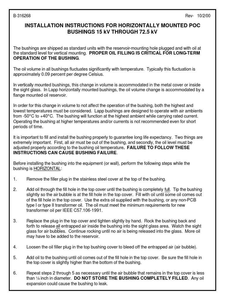 Installation Instructions For Horizontally Mounted Poc Bushings 15 KV ...