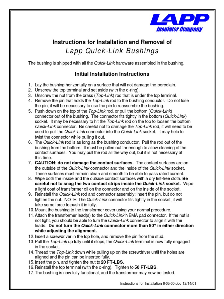 Lapp Quick-Link Bushings: Instructions For Installation and Removal of ...