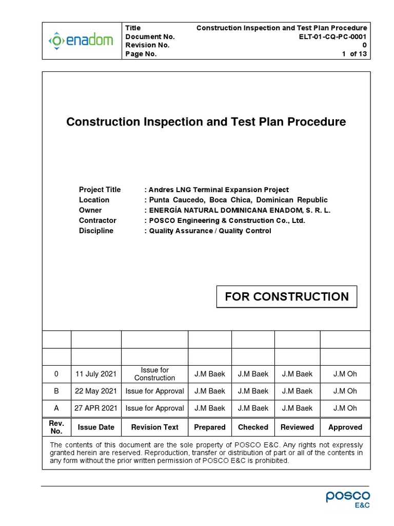 ELT-01-CQ-PC-0001 Construction Inspection and Test Plan Procedure - R0 ...