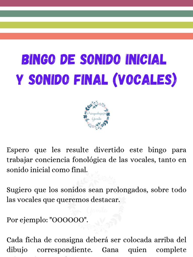 BINGO Sonido Inicial y Final de Vocales | PDF | Arte