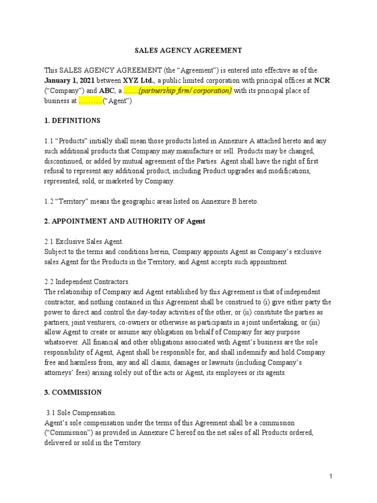 Sales Agency Agreement | PDF | Indemnity | Law Of Agency