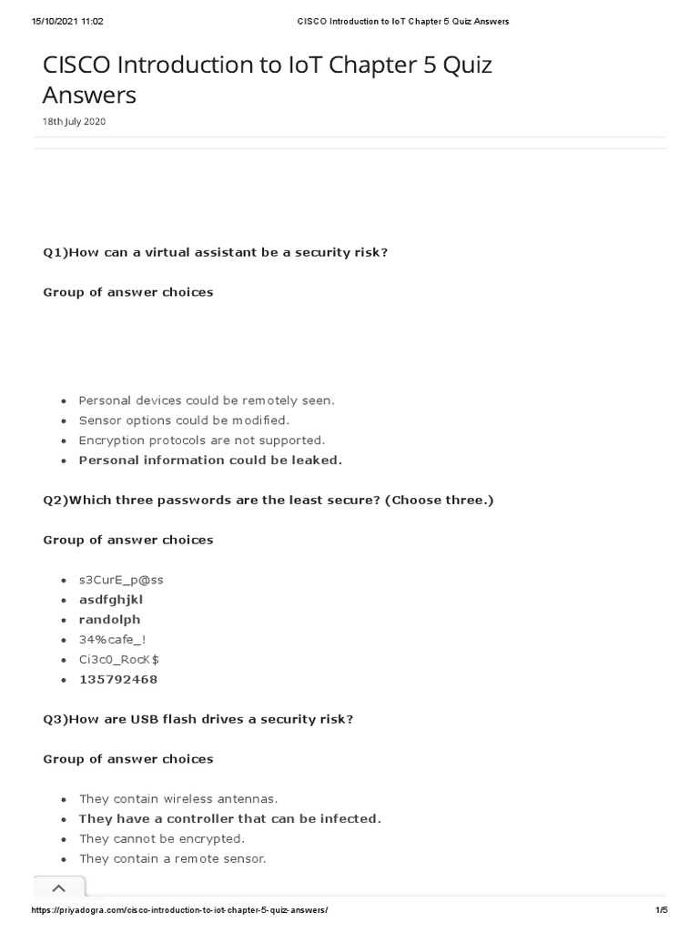 CISCO Introduction To IoT Chapter 5 Quiz Answers | PDF | Internet Of Things | Password