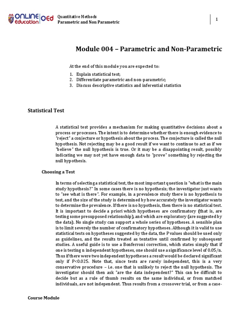 Understanding Parametric vs Non-Parametric Tests | PDF | Statistics ...