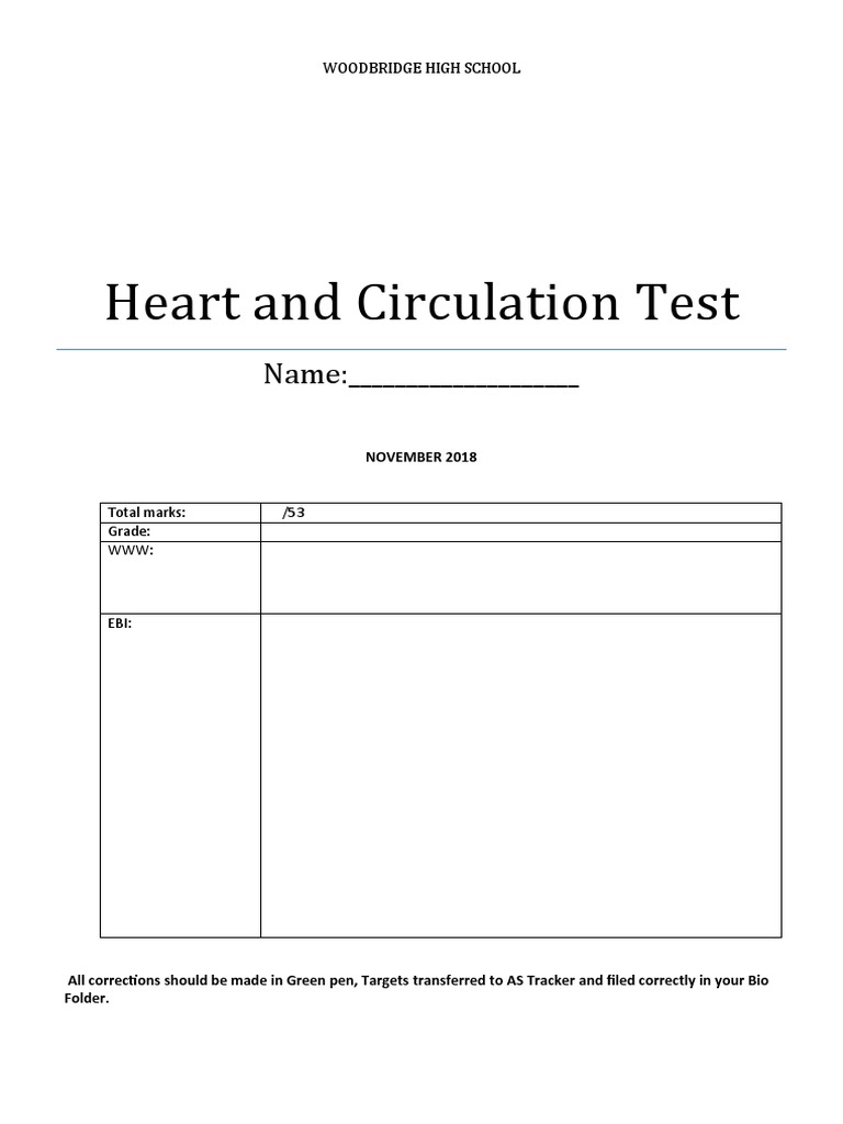 Heart and Circulation Test: Name | PDF | Heart | Heart Valve