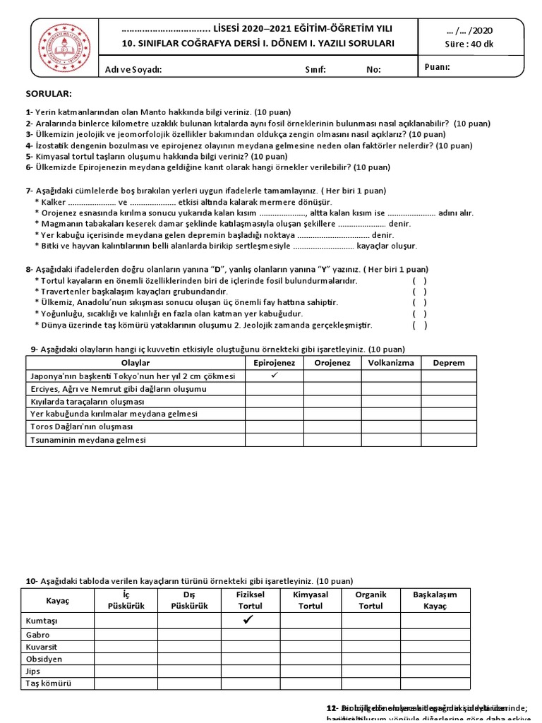 10 Sinif 1 Donem 1 Yazili 2021 | PDF