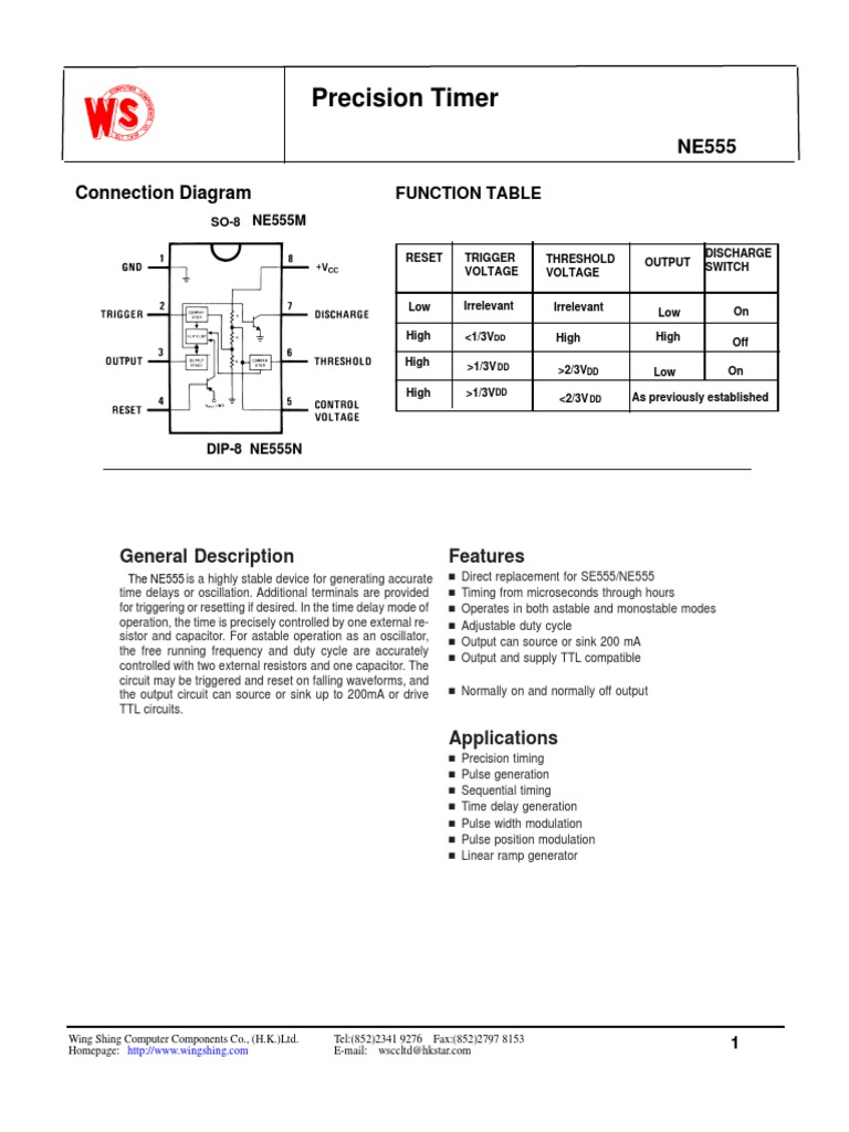 NE555 Precision Timer Circuit Diagram and Electrical Characteristics ...