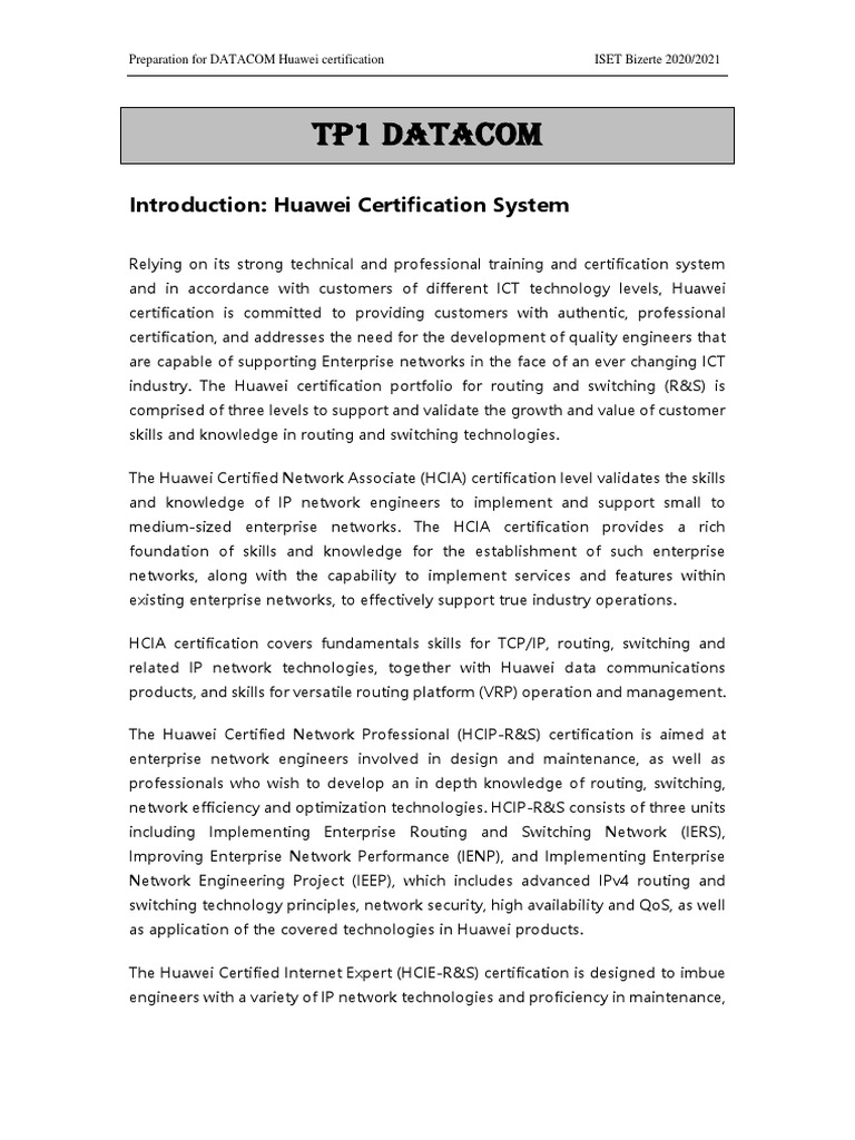 Tp1 Datacom: Introduction: Huawei Certification System | PDF | Computer Network | Ip Address