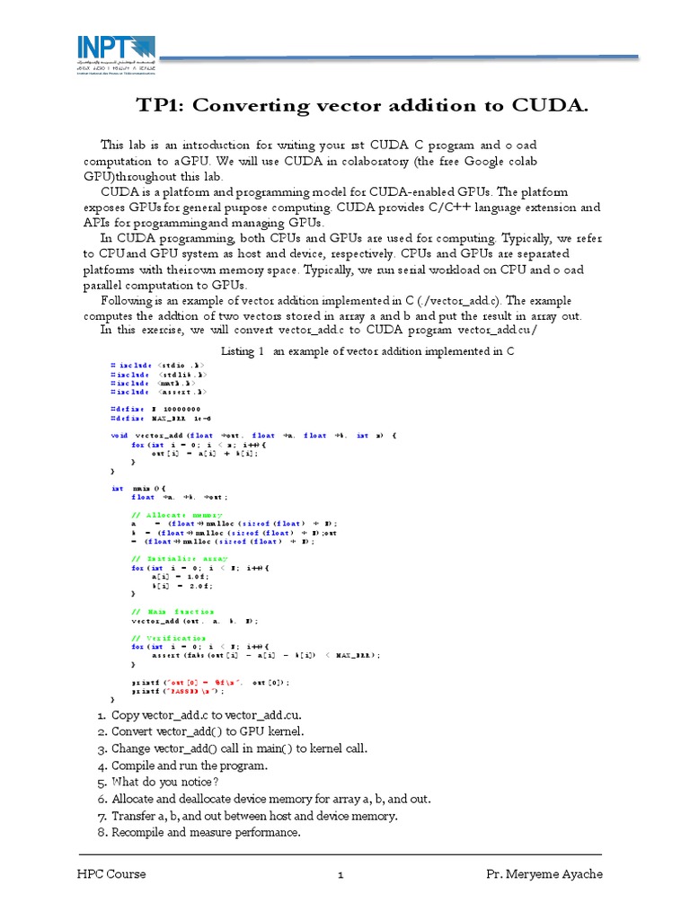 Tp1 Converting Vector Addition To Cuda Listing 1 An Example Of Vector Addition Implemented In 
