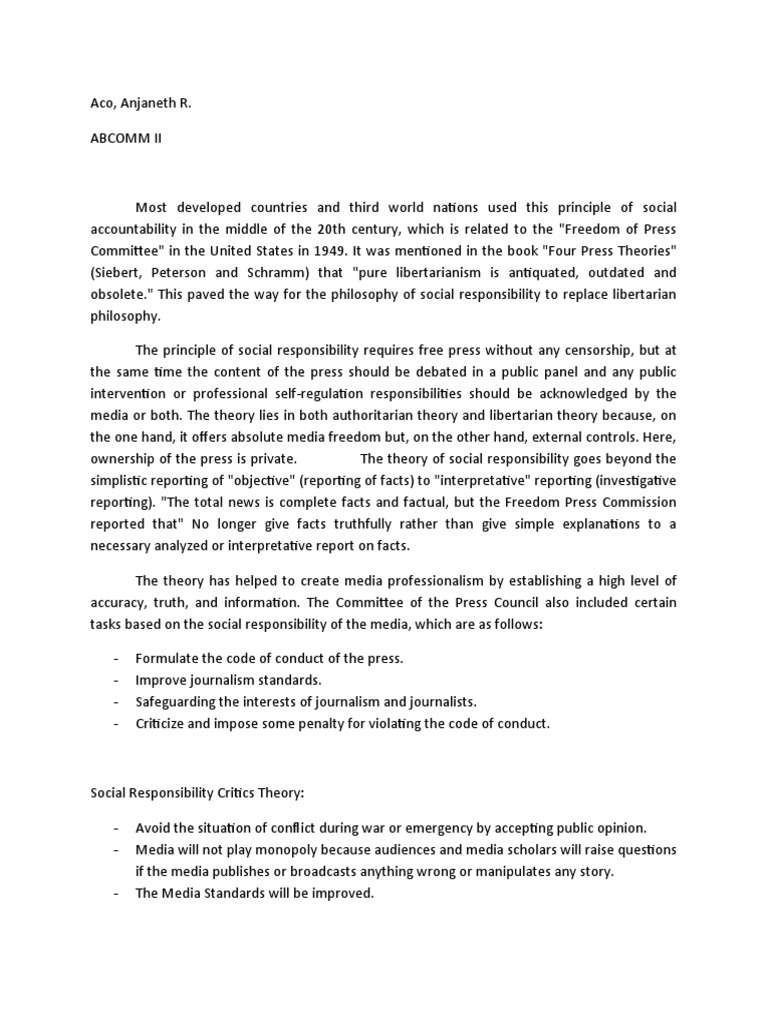 Social Responsibility Theory | PDF | Mass Media | Freedom Of The Press
