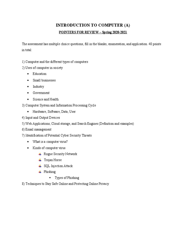Introduction To Computer (A) : POINTERS FOR REVIEW - Spring 2020-2021 | PDF | Business ...