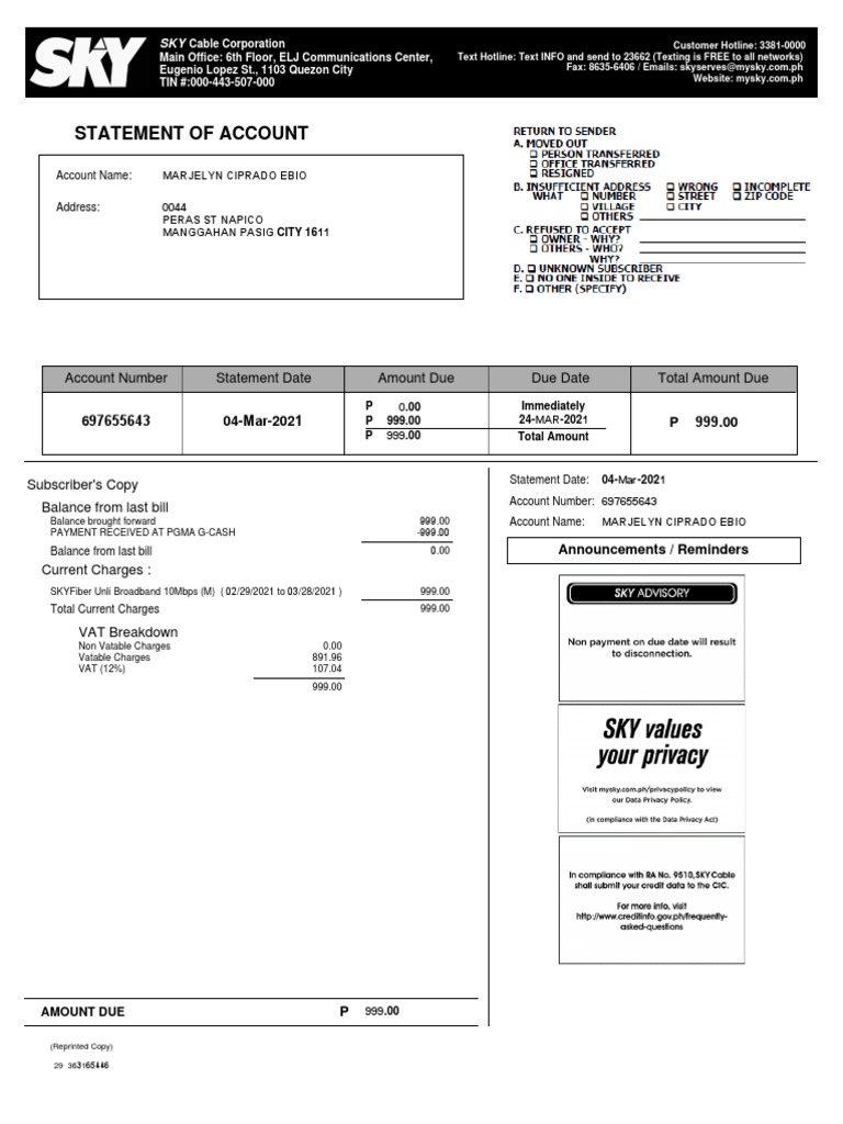 Sky Billing Sample | PDF | Debit Card | Payments