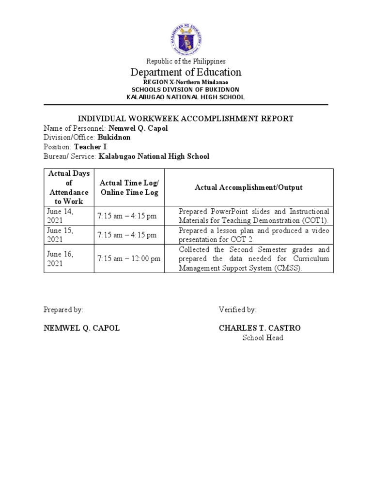 2 Individual Workweek Accomplishment Report | PDF | Cognition | Teaching