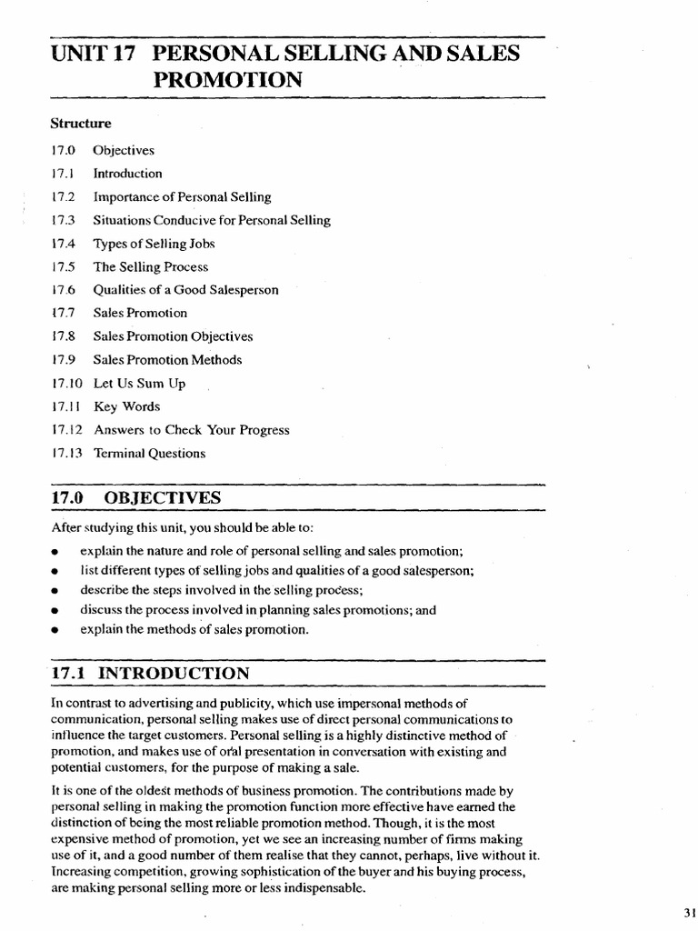 Unit Personal Selling and Sales Promotion: Structure | PDF | Sales ...
