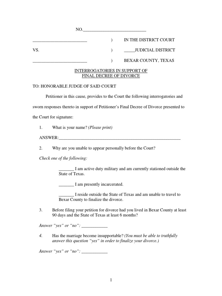 Bexar - Interrogatories-in-Support-of-Final-Decree-of-Divorce | PDF ...