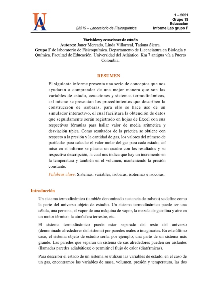 Variables y Ecuacion de Estado - Grupo F | PDF | Gases | Temperatura