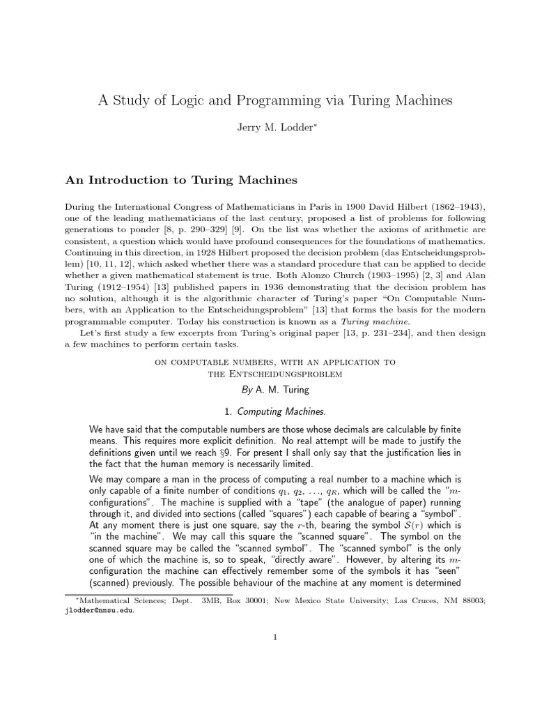 An Introduction To Turing Machines | PDF | Mathematical Logic | Theoretical Computer Science