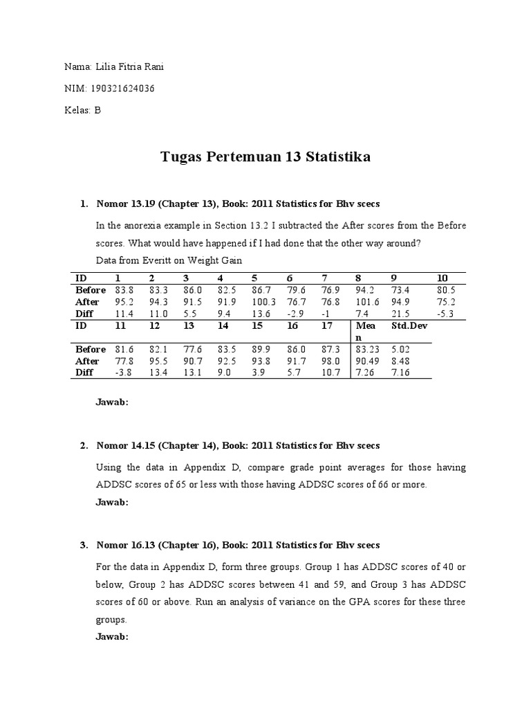 Lilia Fitria Rani - B - Statistika - Tugas 13 | PDF | Statistics | Analysis