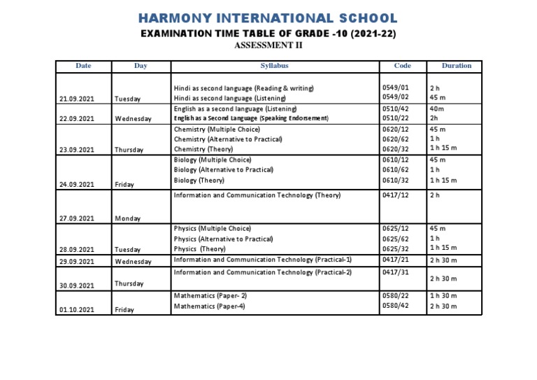 Grade 10 Exam Timetable 2021-22 | PDF