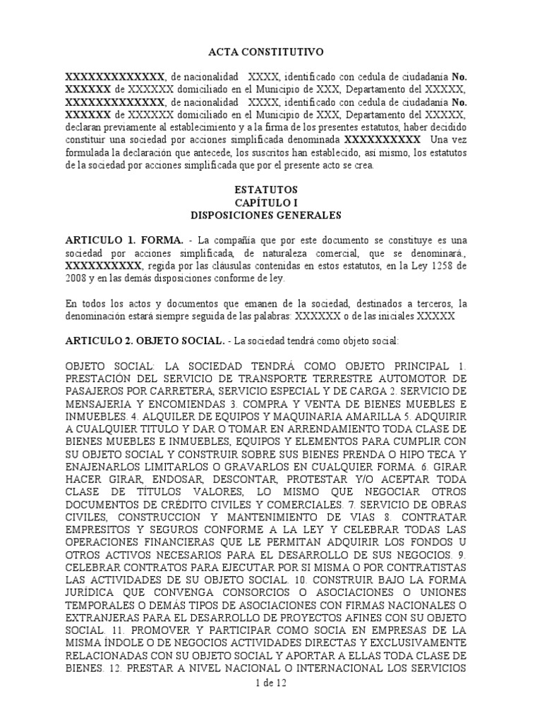Ejemplo Acta Constitutiva Empresa | PDF | Sociedad de responsabilidad limitada | Compartir ...