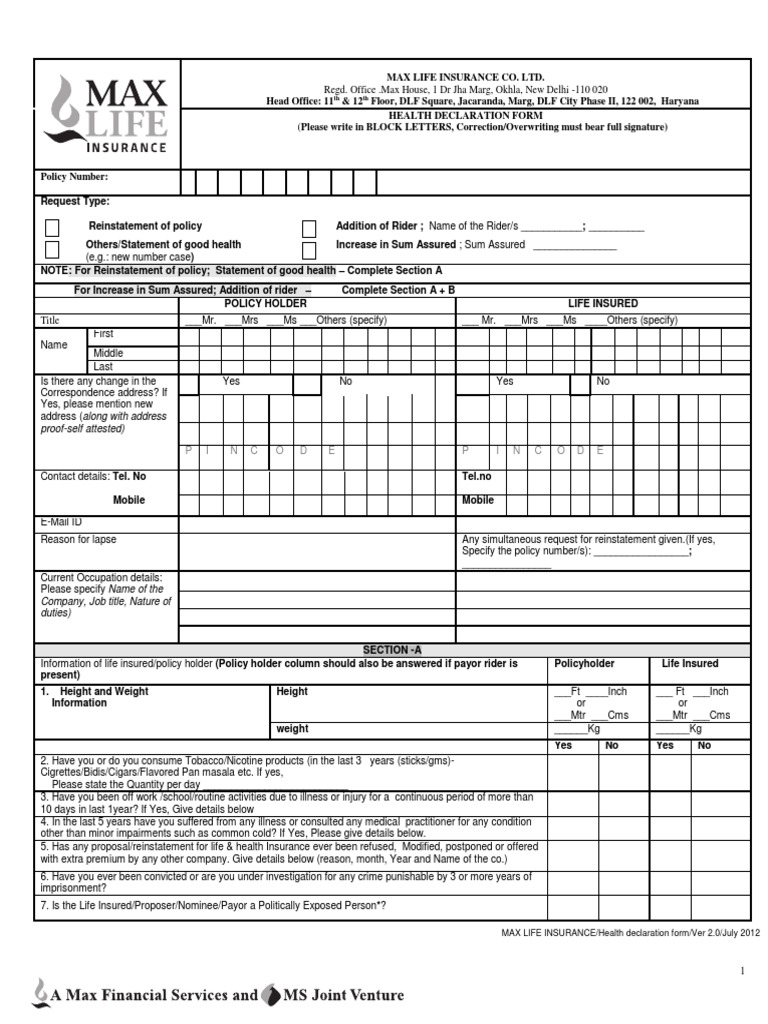 Health Declaration Form | PDF | Insurance | Hepatitis