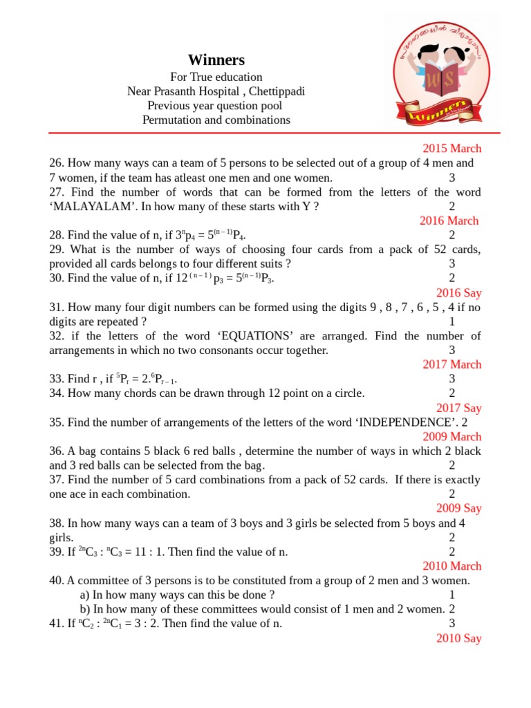 Permutation Previous Year Questions | PDF
