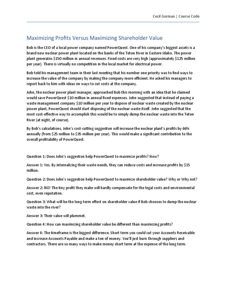 Maximizing Profits Versus Maximizing Shareholder Value - Gorman | PDF ... Maximizing Profits Versus Maximizing Shareholder Value - Gorman | PDF ...