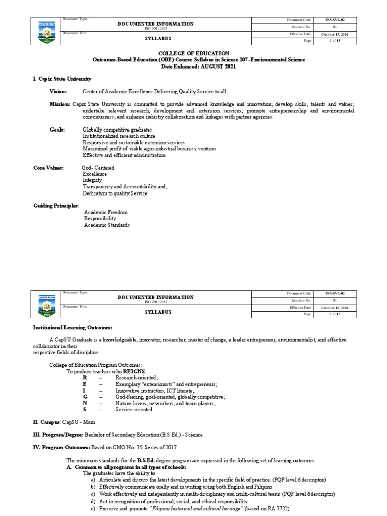 Environmental Science Course Syllabus | PDF | Sustainability | Learning