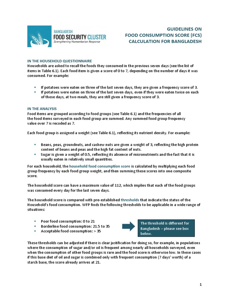 FSC Food Consumption Score Guideline 2014 | PDF | Foods | Sugar