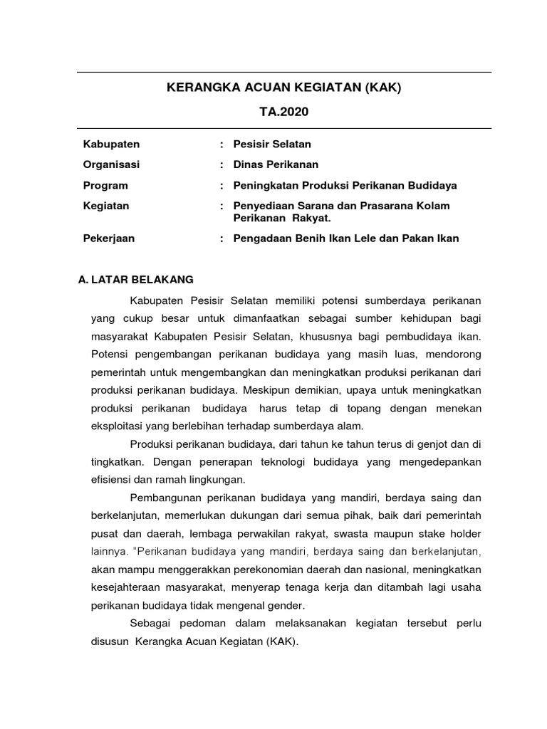 1 KAK Sapras Benih Dan Pakan Ikan Lele | PDF | Kesehatan Holistik 1 KAK Sapras Benih Dan Pakan Ikan Lele | PDF | Kesehatan Holistik