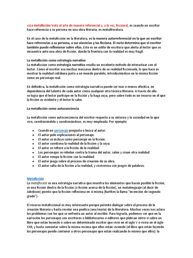 Xxla Metaficción Trata El Arte de Manera Referencial Y, A La Vez ...