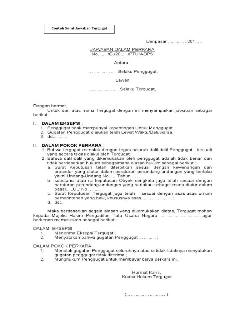 Contoh Jawaban Tergugat Di PTUN | PDF | Pengelolaan Keuangan & Uang | Hukum