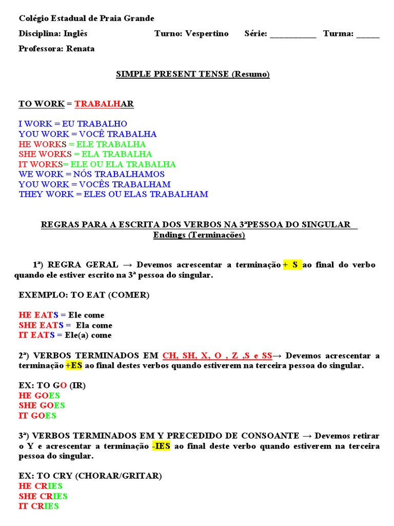 Simple Present Tense - Resumo Completo | PDF