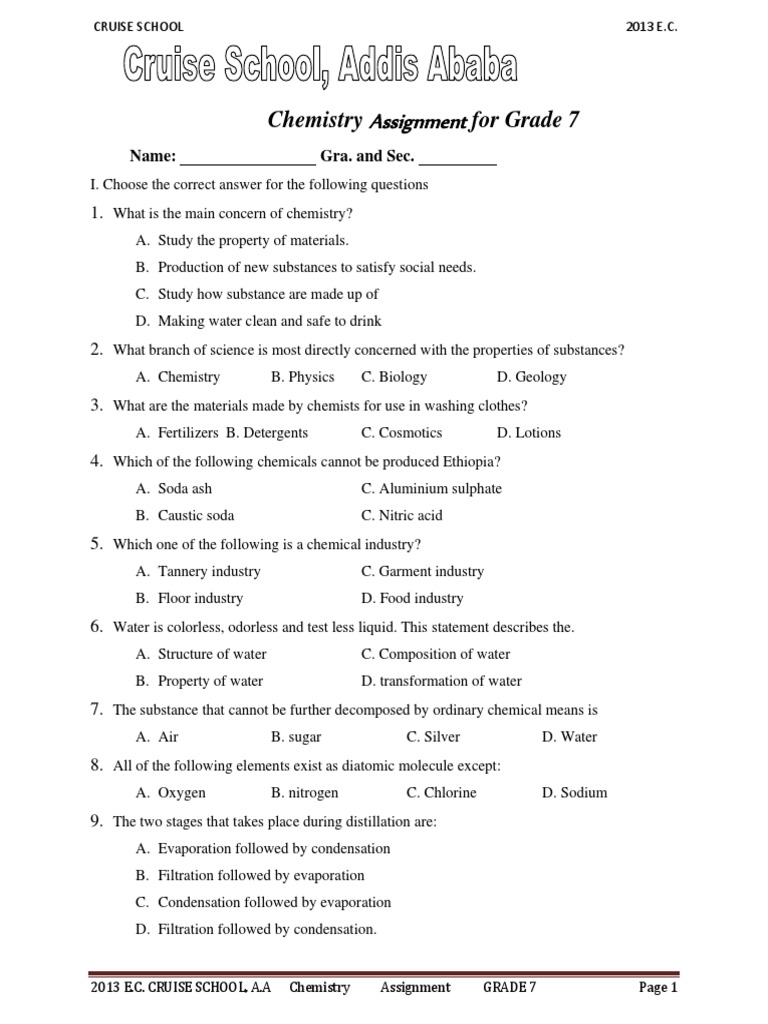Chemistry For Grade 7: Assignment | PDF | Chemical Substances | Chemistry