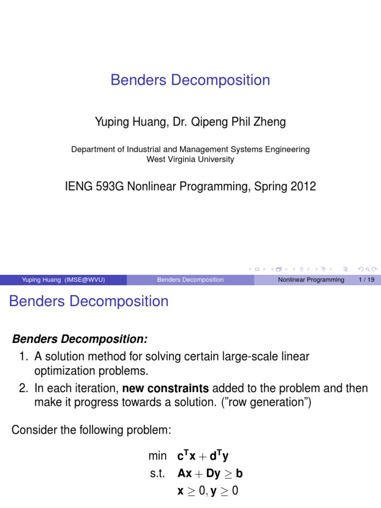 Benders Decomposition: Yuping Huang, Dr. Qipeng Phil Zheng | PDF | Mathematical Optimization ...