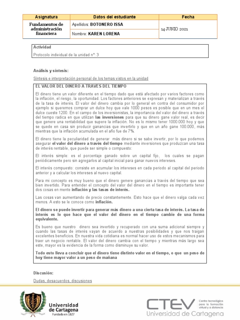 Protocolo Individual 3 Admon Financiera | PDF | Interés | Inflación