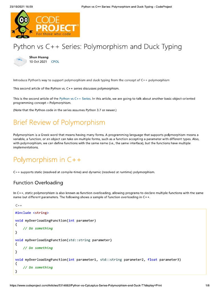 Python Vs C Plus Plus Series - Polymorphism and Duck Typing | PDF Python Vs C Plus Plus Series - Polymorphism and Duck Typing | PDF