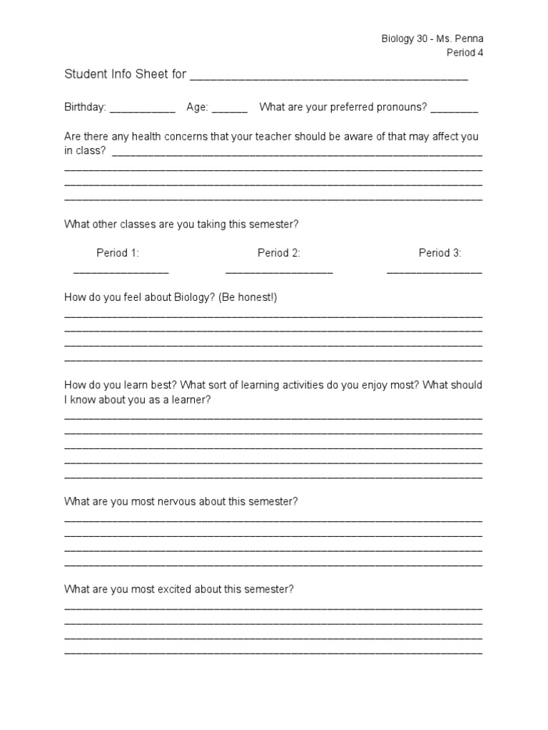 Biology 30 Student Info Sheet | PDF | Cognition | Learning