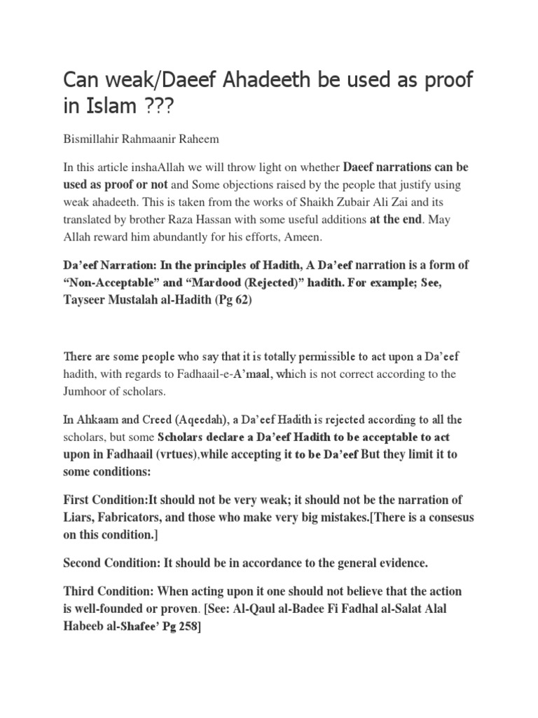 Can Weak or Daeef Ahadeeth Be Used As Proof in Islam | PDF | Hadith ...