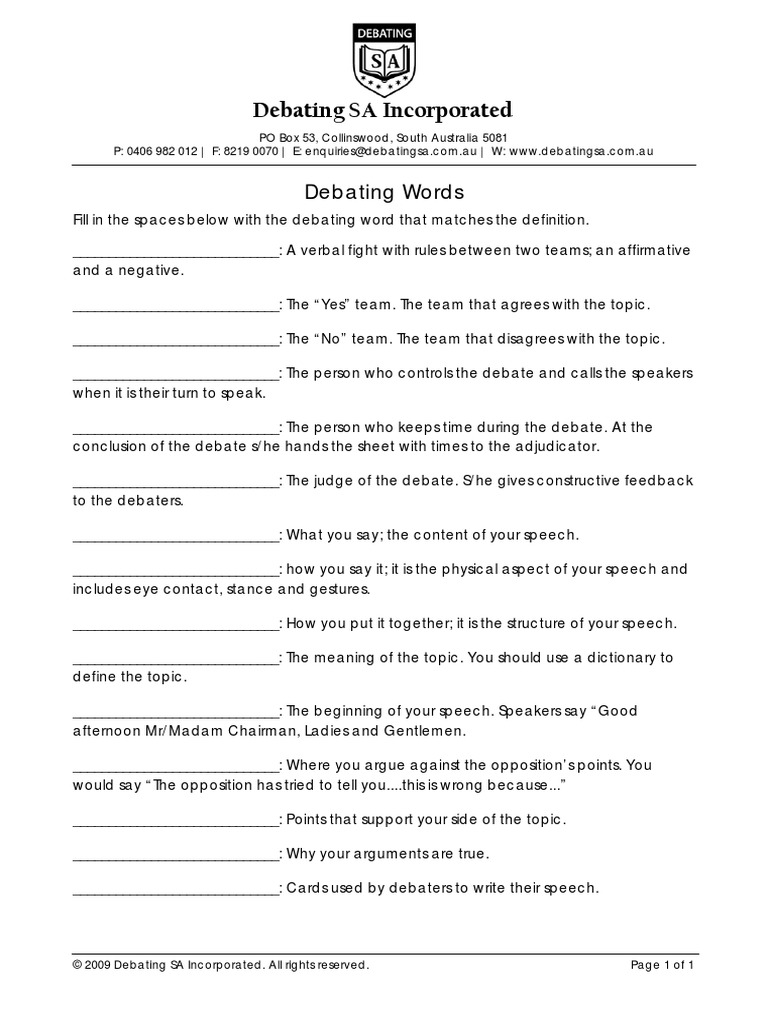 Debating Word Definition Sheet | PDF | Communication | Human Communication