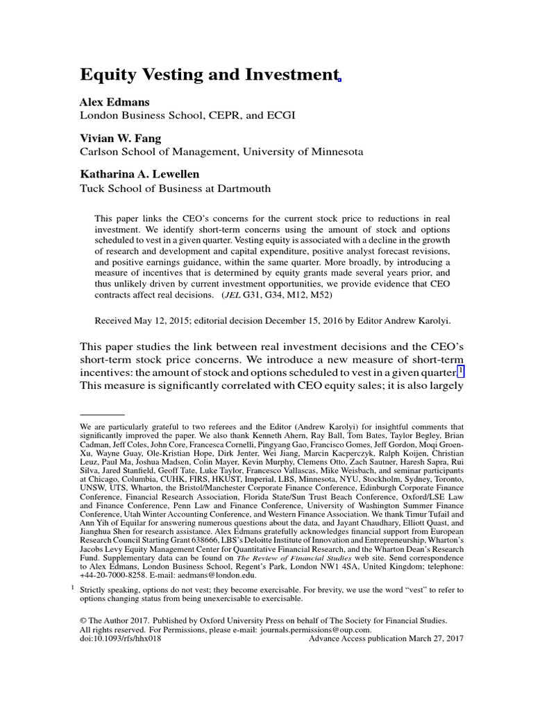 Equity Vesting and Investment: Alex Edmans | Download Free PDF | Stocks ...