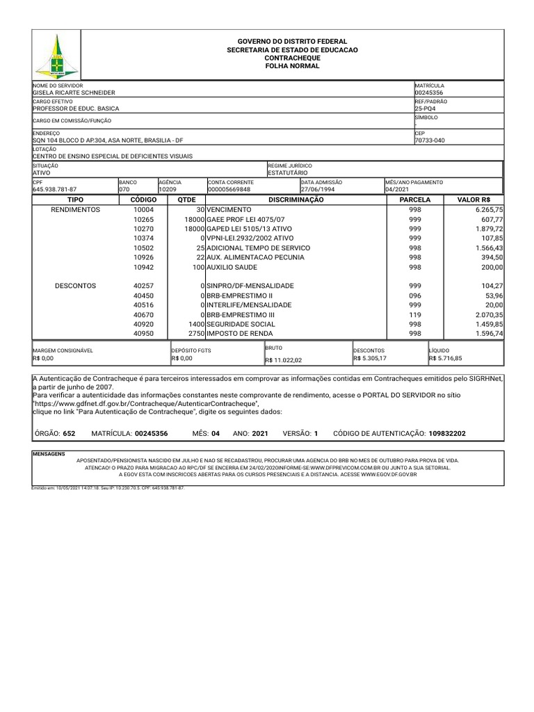 Governo Do Distrito Federal - Contracheque | PDF
