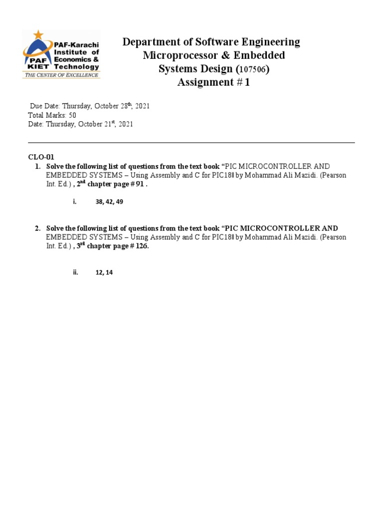 Department of Software Engineering Microprocessor & Embedded Systems Design Assignment # 1 | PDF
