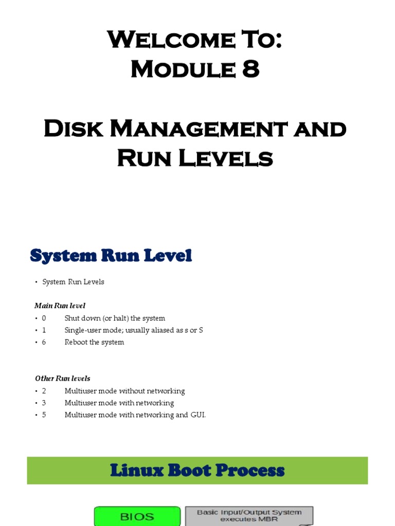 Welcome To: Disk Management and Run Levels | PDF | Booting | File System