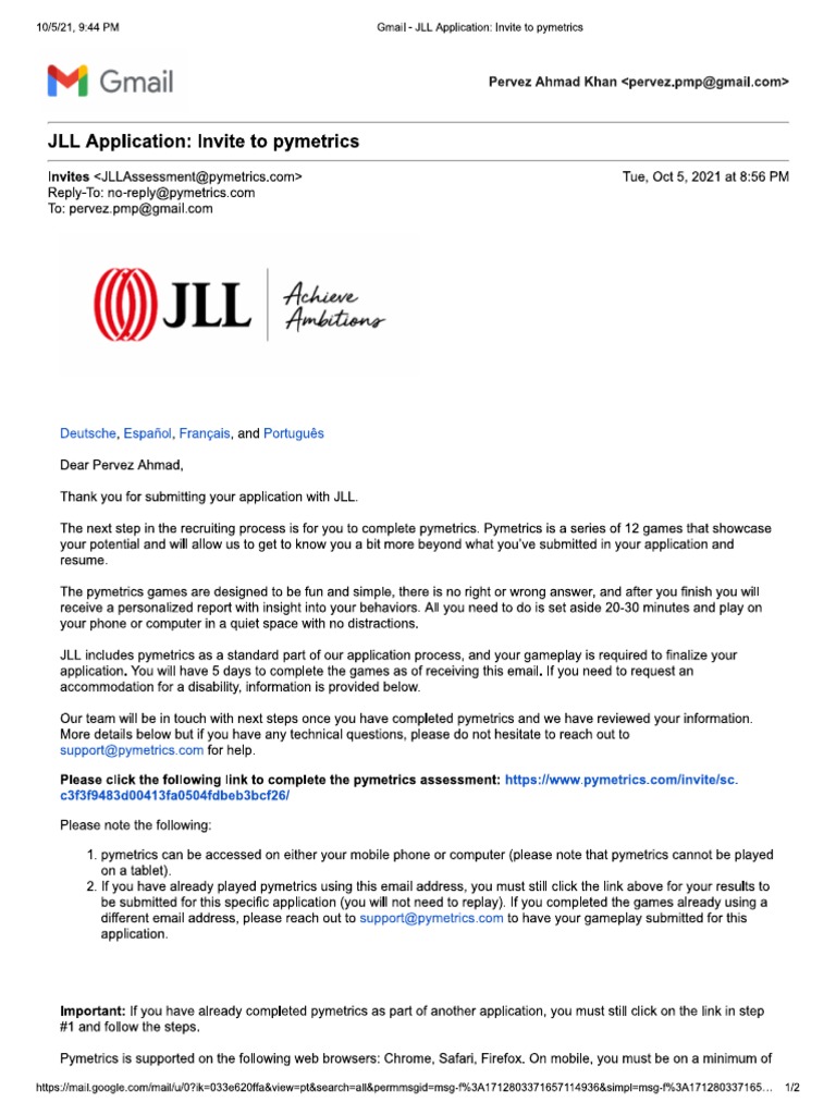Gmail - JLL Application - Invite To Pymetrics | PDF
