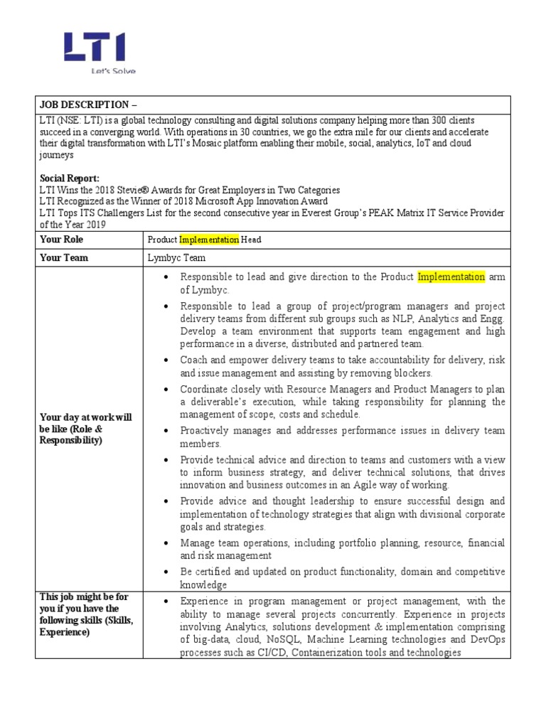 JD - Product Implementation Head | PDF | Analytics | Cloud Computing
